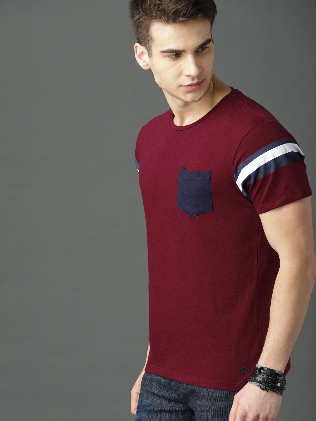Buy Roadster Men Maroon Striped Round Neck Pure Cotton T Shirt