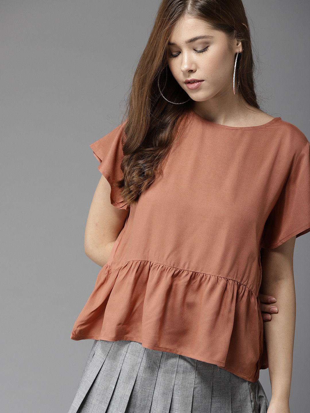 Buy HERE&NOW Women Peach Coloured Solid Top - Tops for Women 7656114 ...