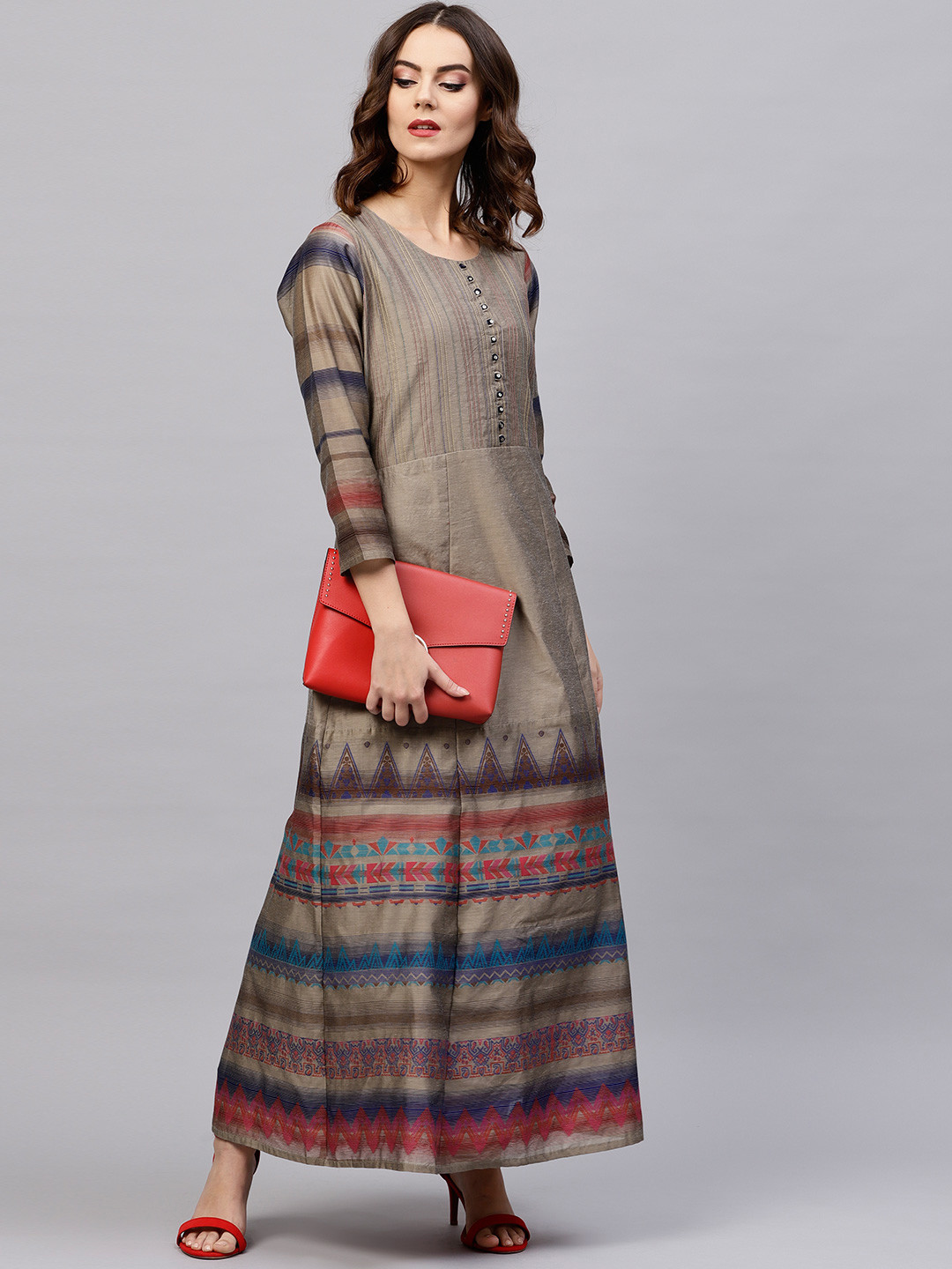 Buy Shree Women Taupe Woven Design Maxi Dress - Dresses for Women ...