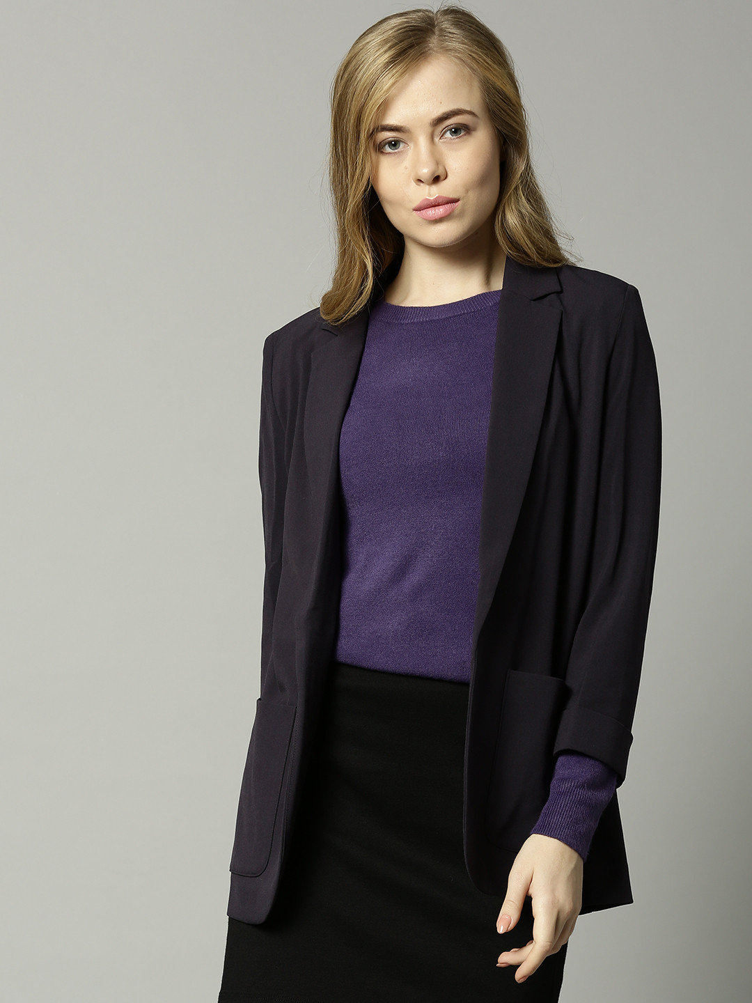 Buy Marks & Spencer Navy Solid Front Open Casual Blazer - Blazers for ...