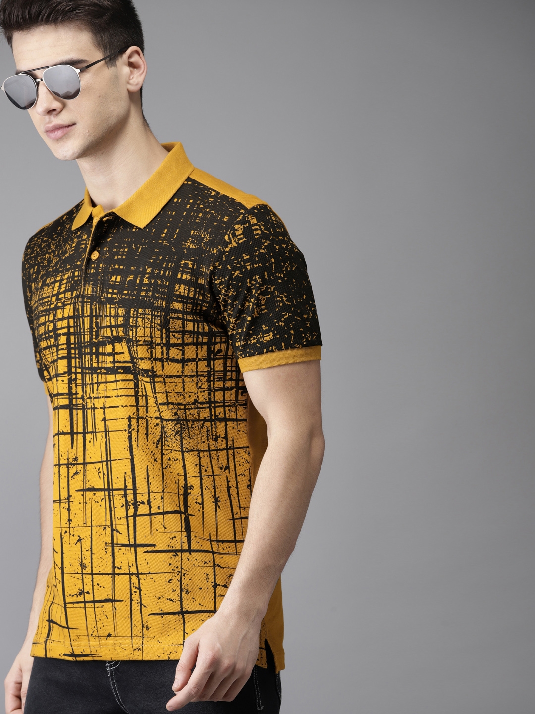 Buy Moda Rapido Men Mustard Yellow Black Printed Polo Collar Pure