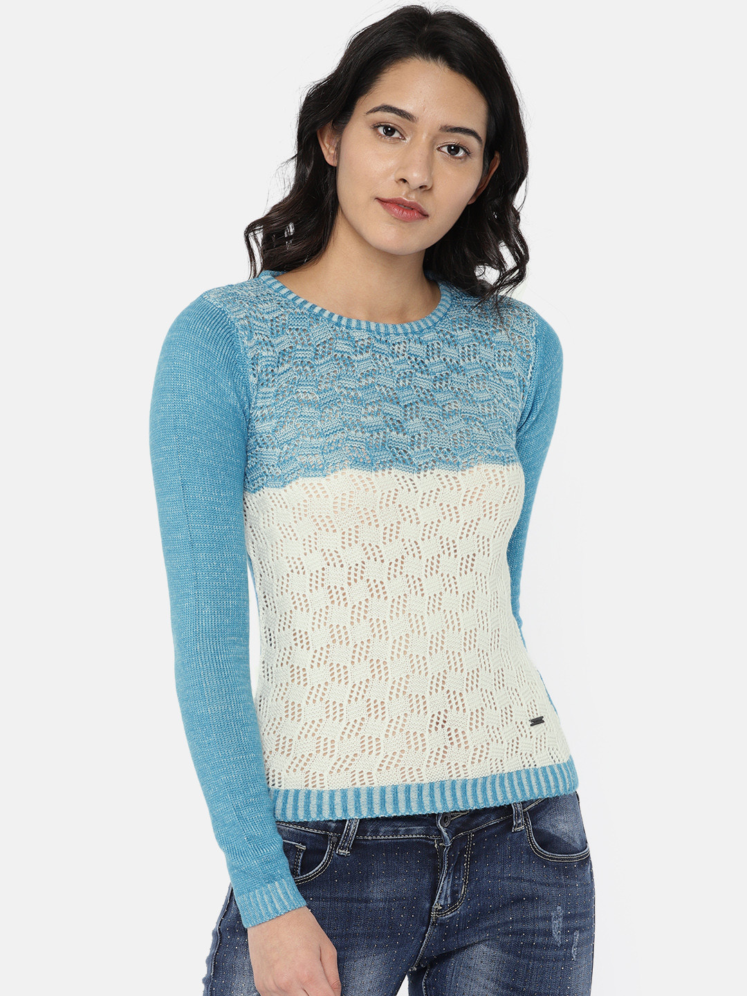 Buy Wrangler Blue & White Colourblock Open Knit Sweater - Sweaters for ...