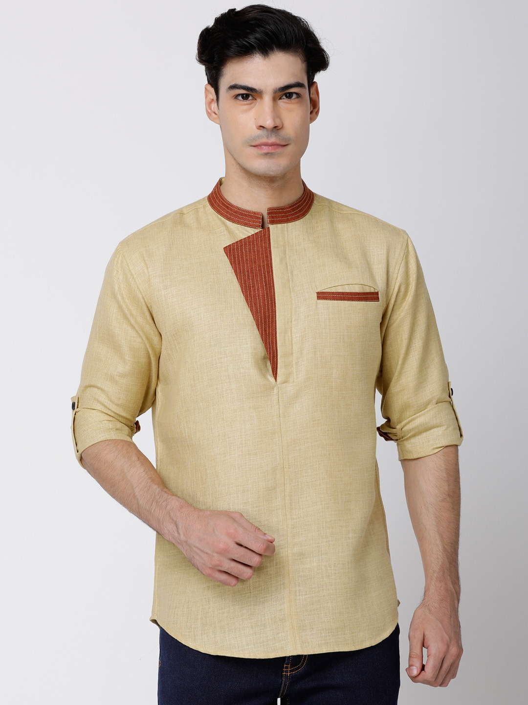 Buy Svanik Men Beige Woven Design Straight Kurta - Kurtas for Men ...