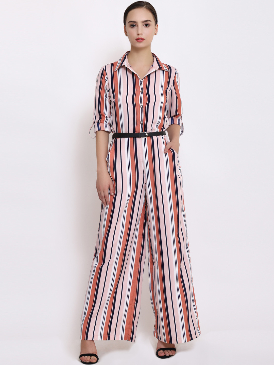 Buy PURYS Peach Coloured Striped Basic Jumpsuit - Jumpsuit for Women ...