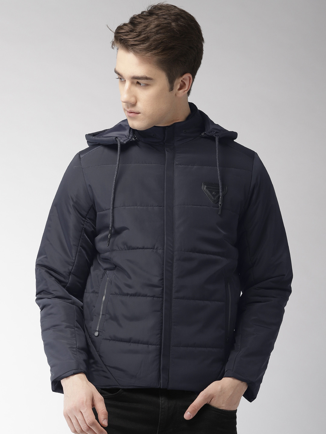 Buy Fort Collins Men Navy Blue Solid Hooded Puffer Jacket - Jackets for ...