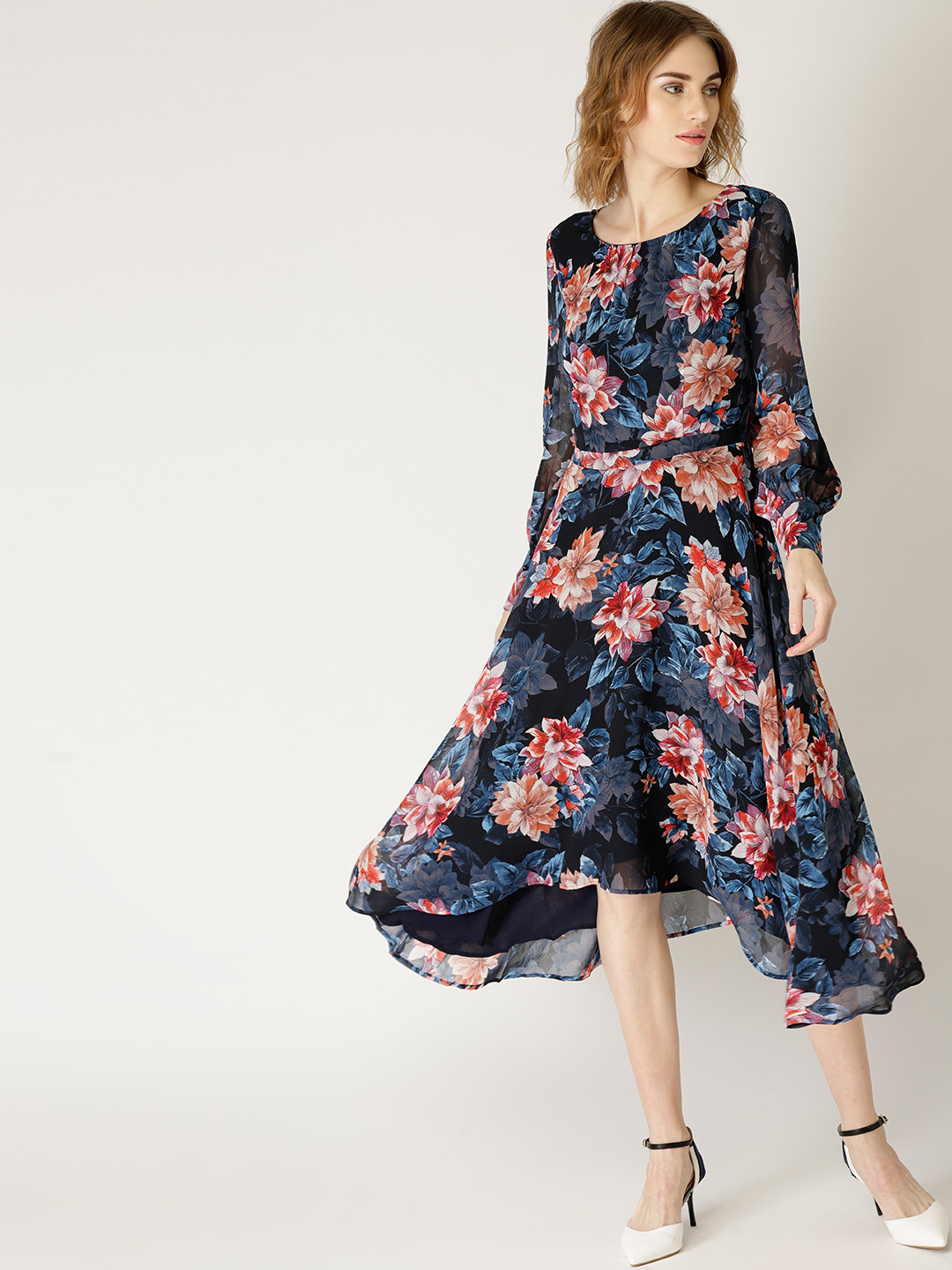 Buy ESPRIT Women Navy Blue & Pink Floral Print A Line Dress - Dresses ...