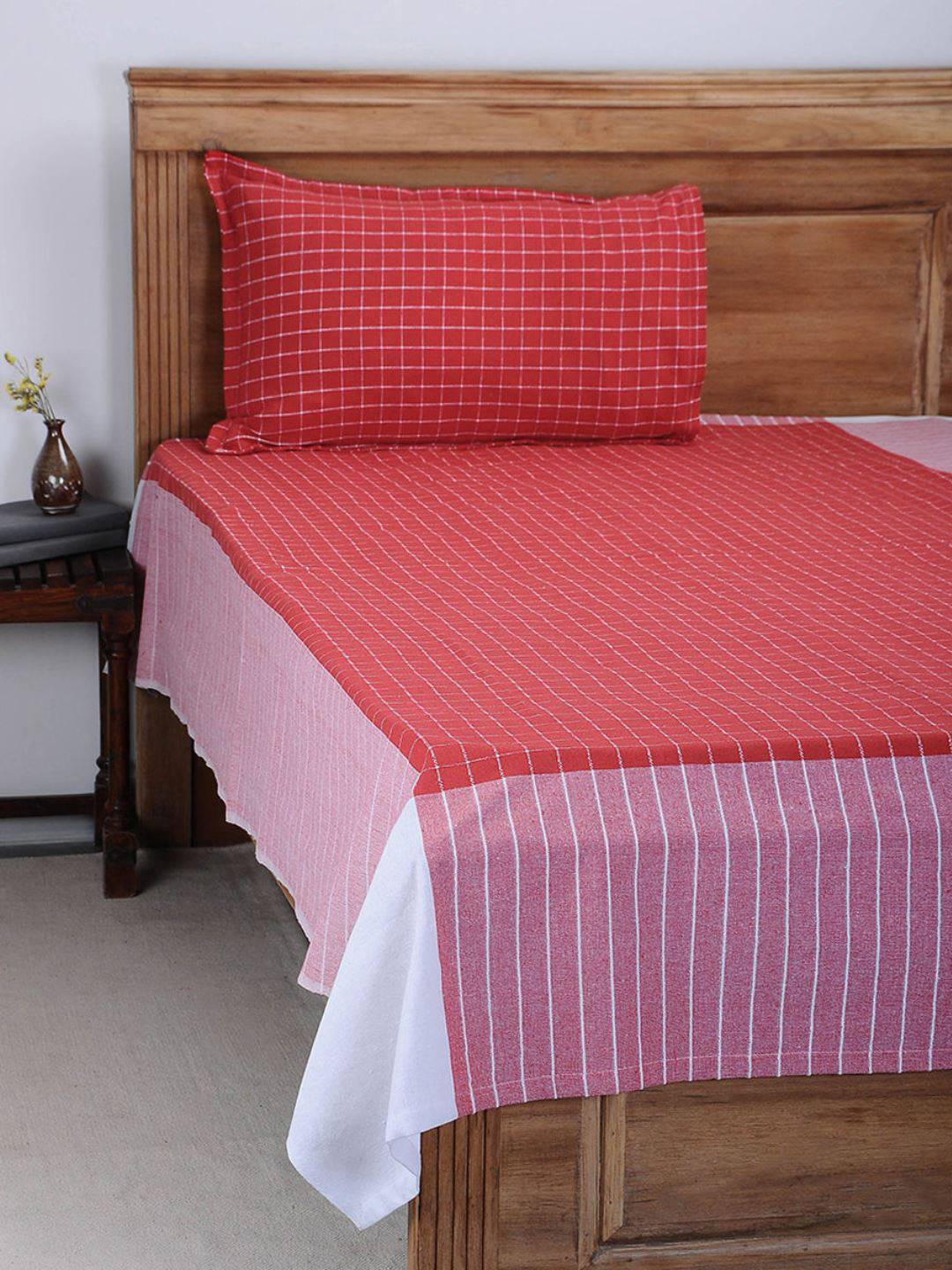 Buy NEUDIS Red Checked Cotton Single Bedsheet With Pillow Cover - Bed ...