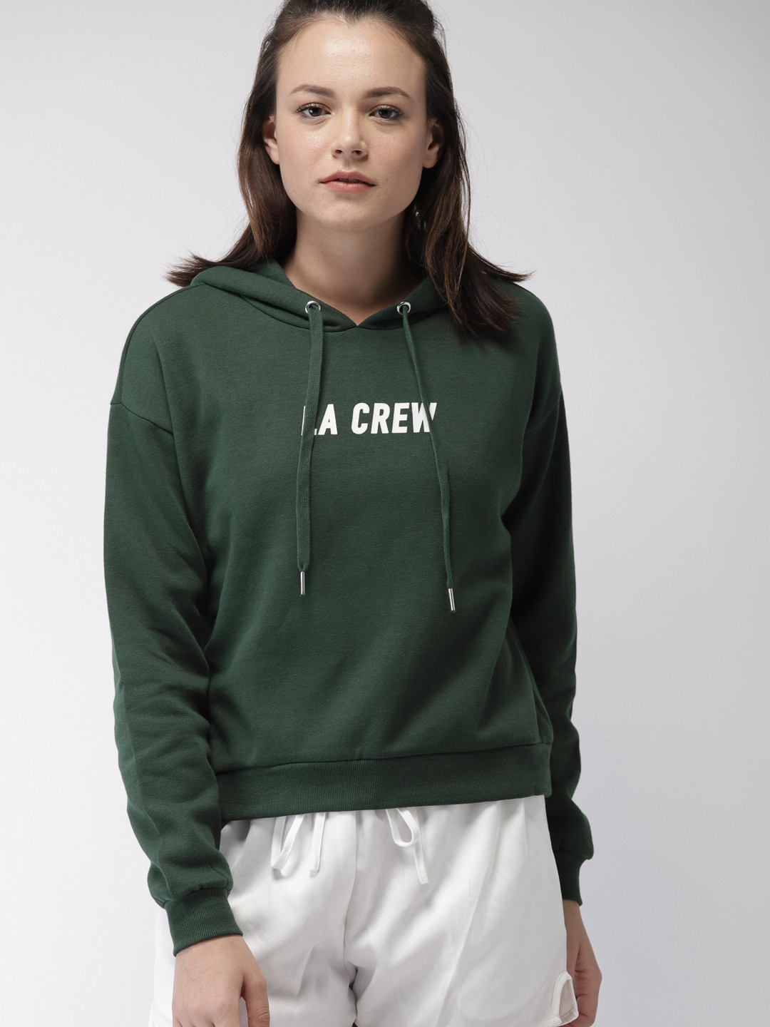 Buy FOREVER 21 Women Olive Green Solid Hooded Sweatshirt - Sweatshirts ...