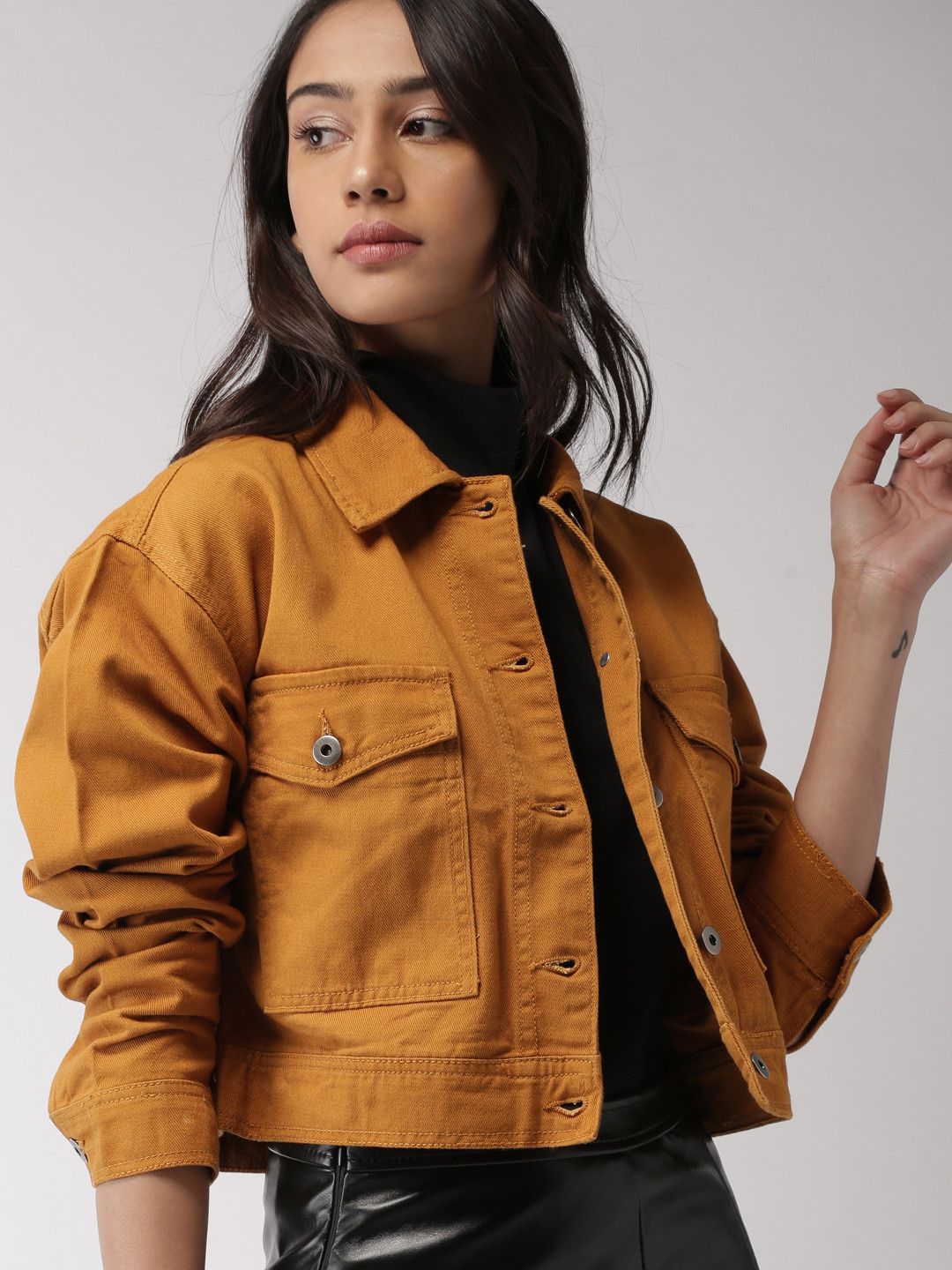 Buy FOREVER 21 Women Mustard Brown Solid Cropped Denim Jacket - Jackets ...