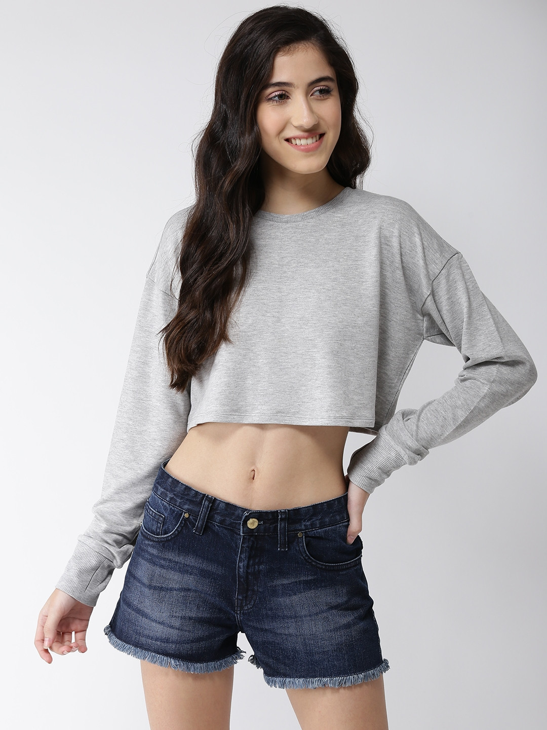 Buy FOREVER 21 Women Grey Melange Solid Crop Top - Tops for Women ...