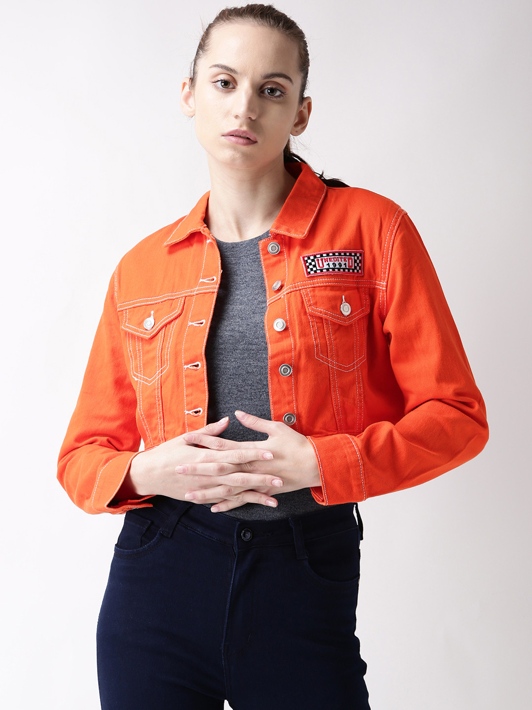Buy FOREVER 21 Women Orange Solid Denim Jacket - Jackets for Women ...
