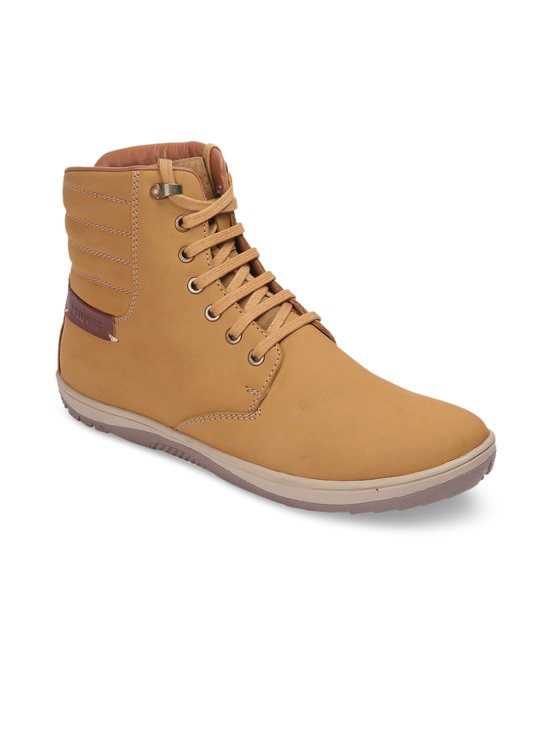 Buy Red Chief Men Tan Solid Leather Mid Top Flat Boots - Boots for Men ...