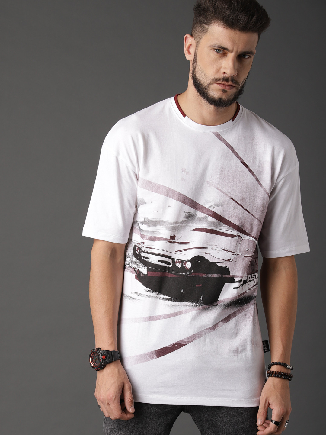 Buy Roadster Fast And Furious Men White Printed Round Neck Pure Cotton ...