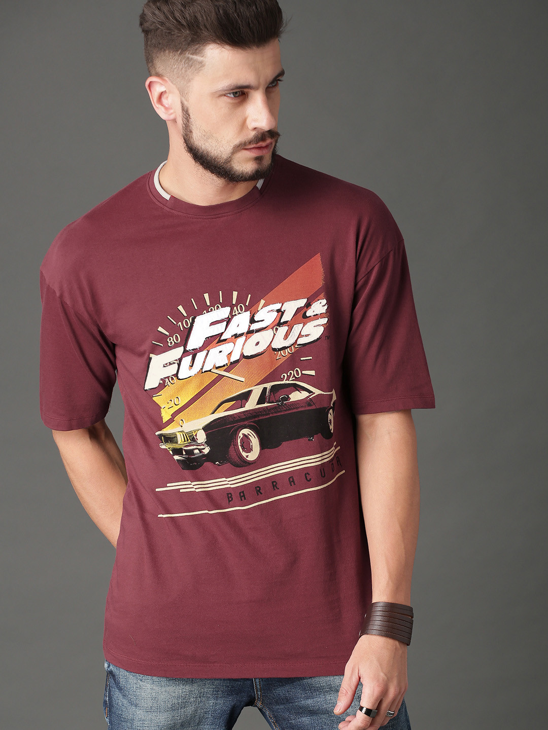Buy Roadster Fast And Furious Men Maroon Printed Round Neck Pure Cotton ...