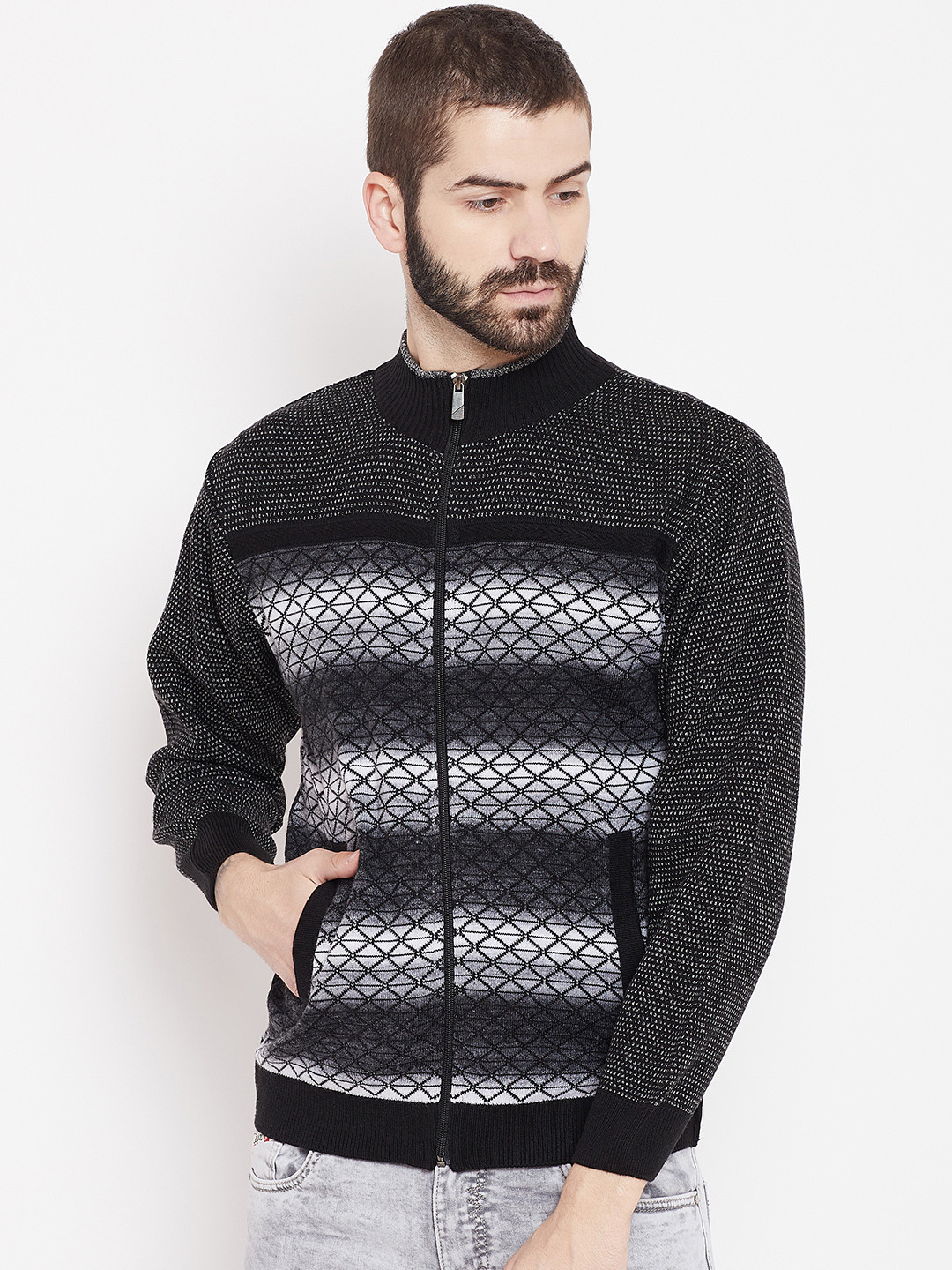 Buy Duke Stardust Men Black & White Self Design Cardigan - Sweaters for ...