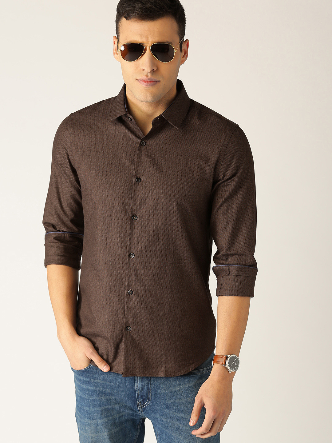 Buy United Colors Of Benetton Men Coffee Brown Slim Fit Textured Casual ...