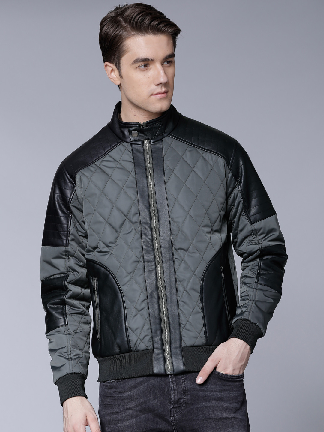 Buy LOCOMOTIVE Men Grey Colourblocked Quilted Jacket - Jackets for Men ...