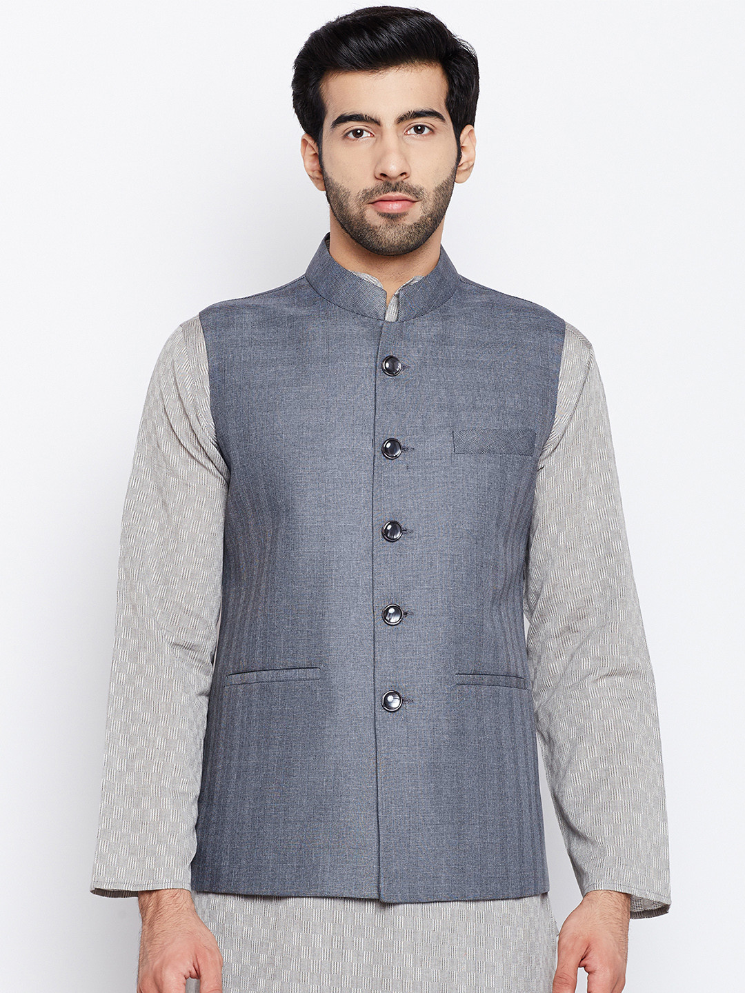 Buy FIRST DATE Men Grey Checked Nehru Jacket - Nehru Jackets for Men ...