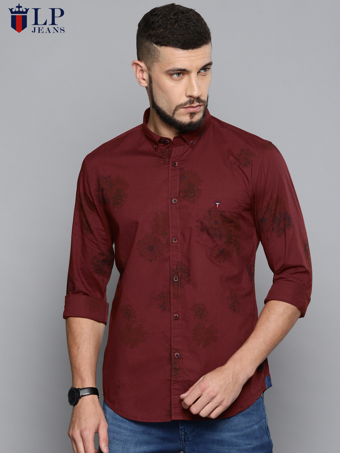 Buy Louis Philippe Jeans Men Maroon Super Slim Fit Printed Casual Shirt ...