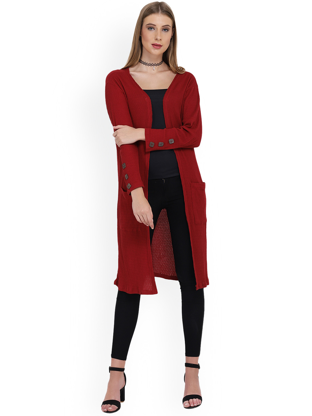 Buy PURYS Women Red Solid Open Front Longline Shrug - Shrug for Women ...