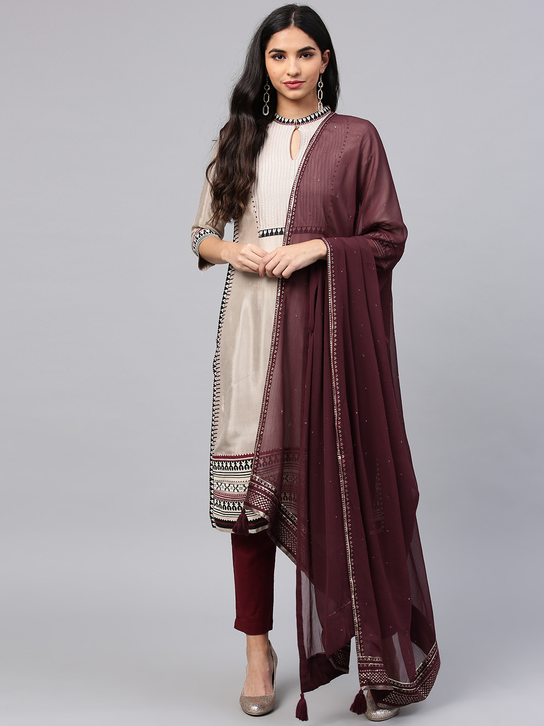 Buy W Burgundy & Golden Self Design Dupatta - Dupatta for Women 7736600 ...