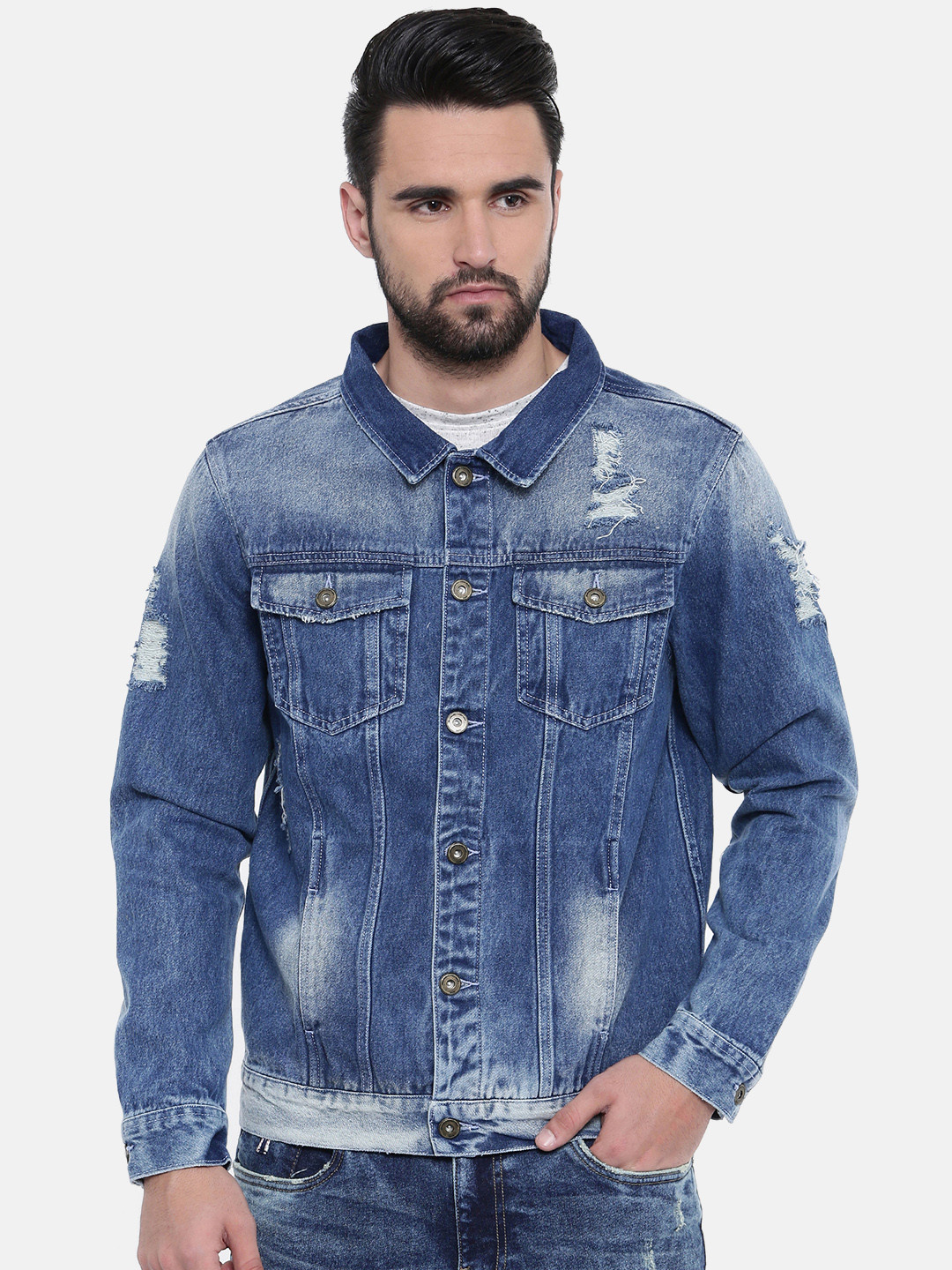 Buy Breakbounce Men Blue Solid Windcheater Denim Jacket - Jackets for ...