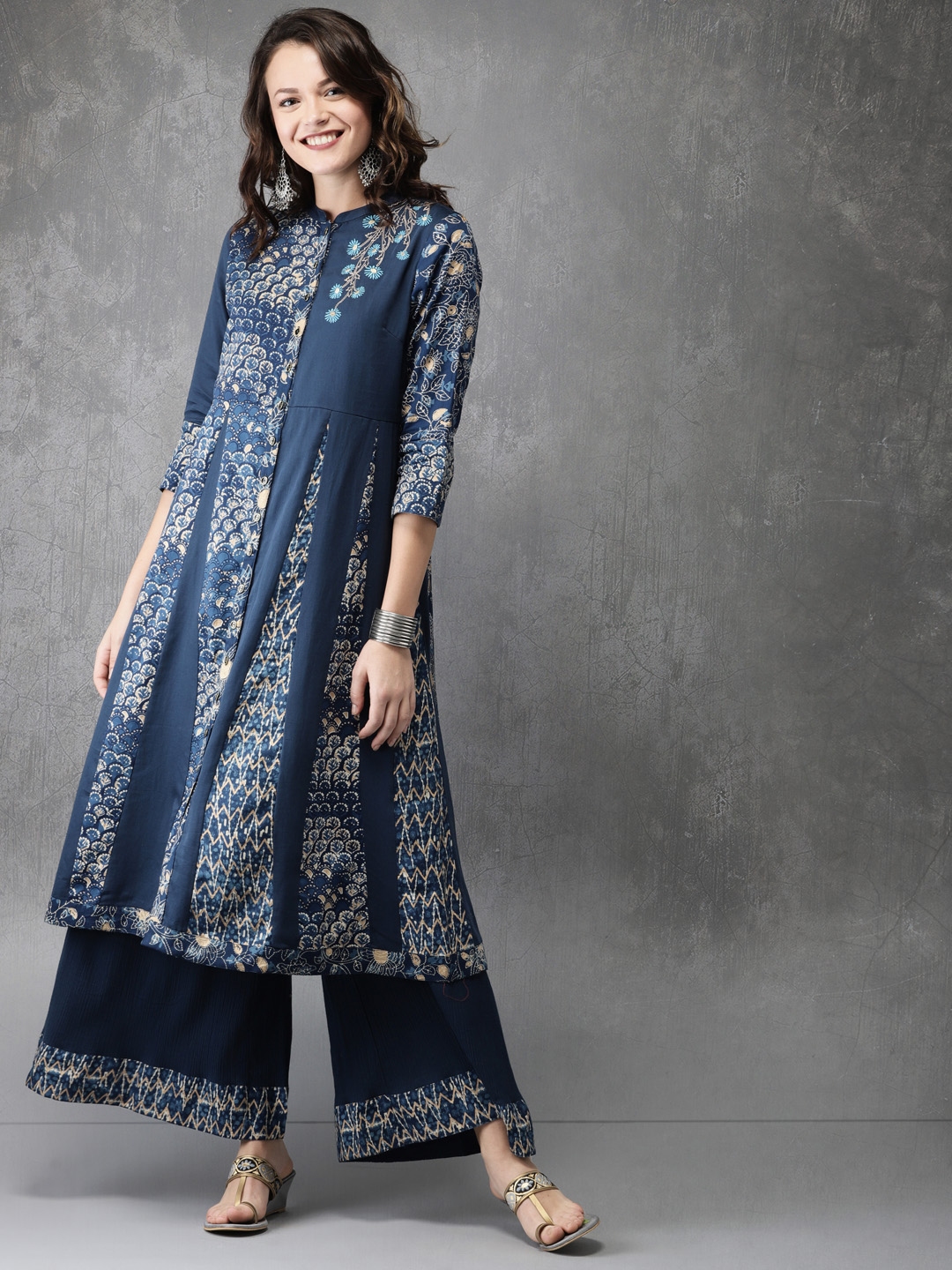 Buy Anouk Women Navy Blue And Beige Indigo Printed Kurta With Palazzos