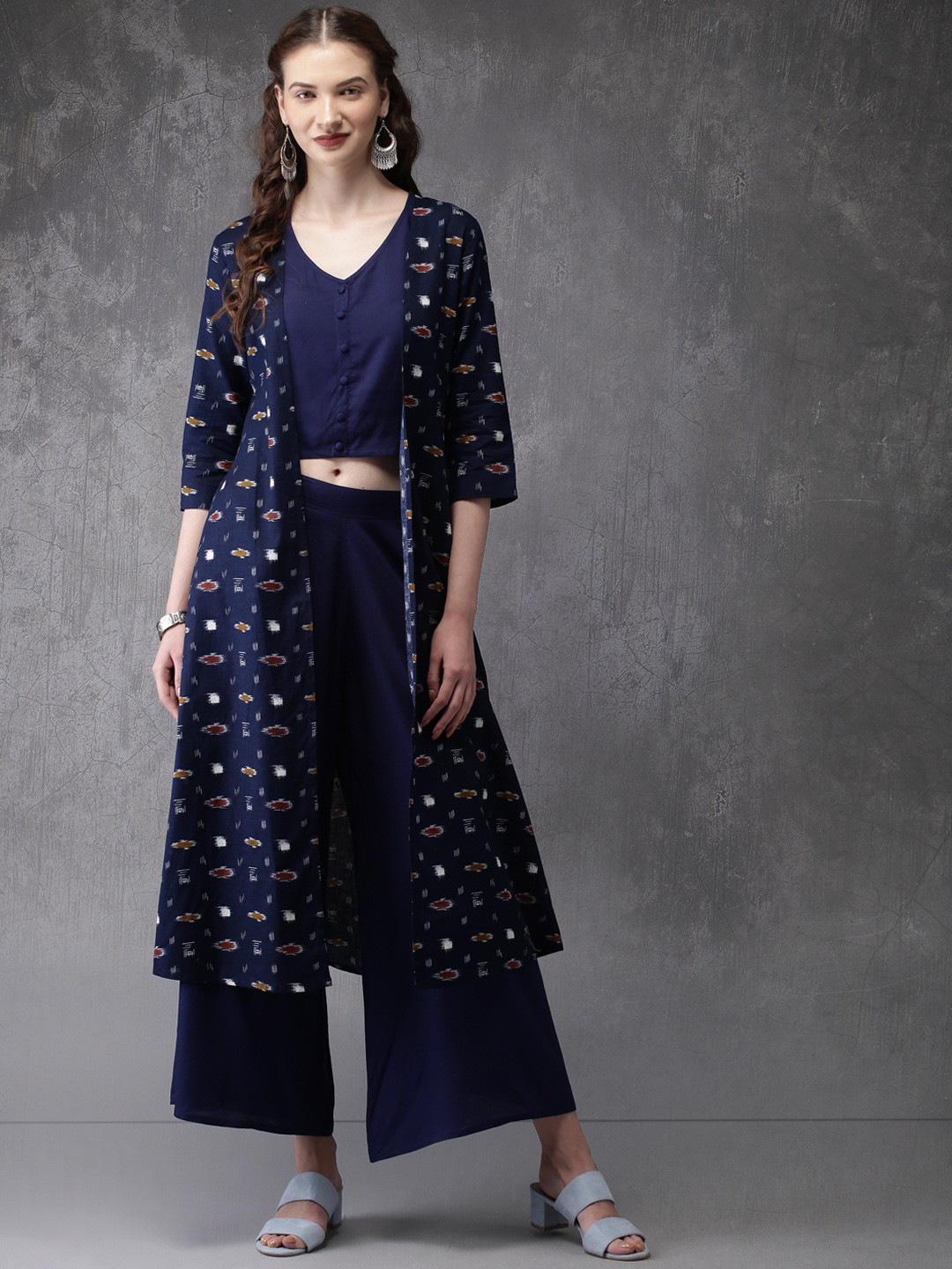 Buy Anouk Women Navy Blue Printed Kurti With Palazzos & Ethnic Jacket ...