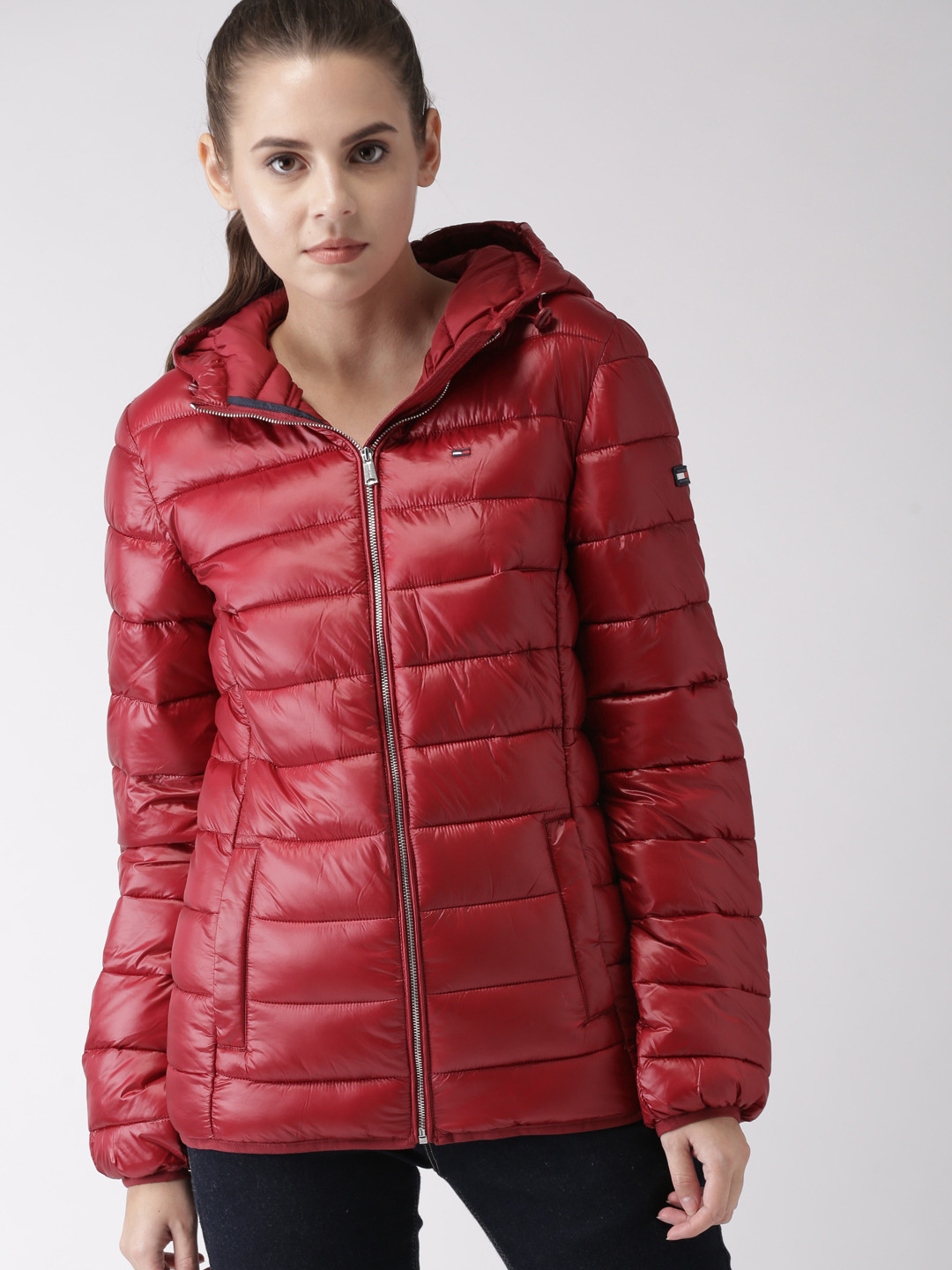 Buy Tommy Hilfiger Red Hooded Quilted Jacket - Jackets for Women ...