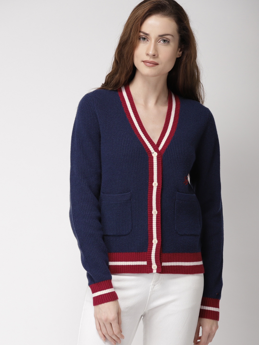 Buy Tommy Hilfiger Women Navy Blue Solid Woollen Cardigan Sweaters