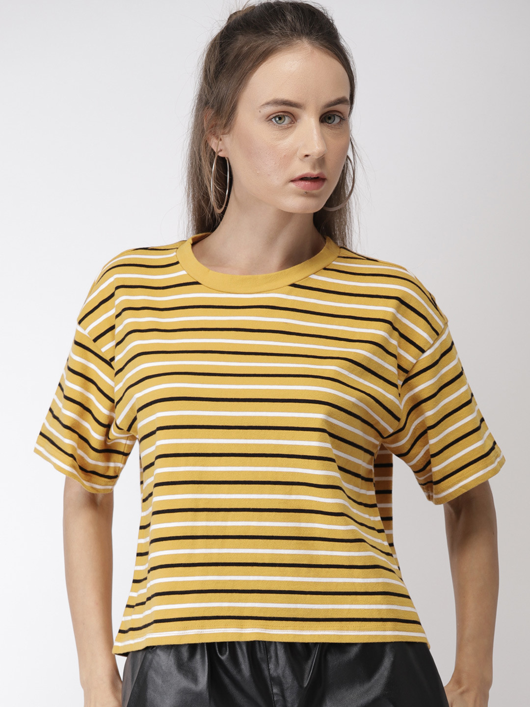 Buy FOREVER 21 Women Mustard Yellow & Brown Striped Pure Cotton Top ...