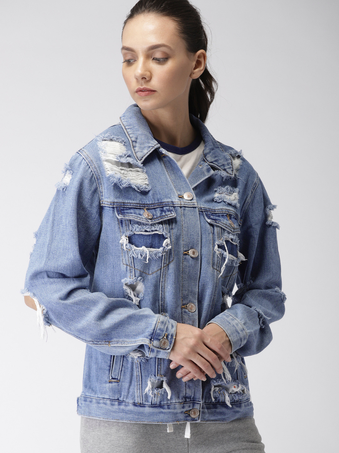 Buy FOREVER 21 Women Blue Solid Denim Jacket - Jackets for Women ...