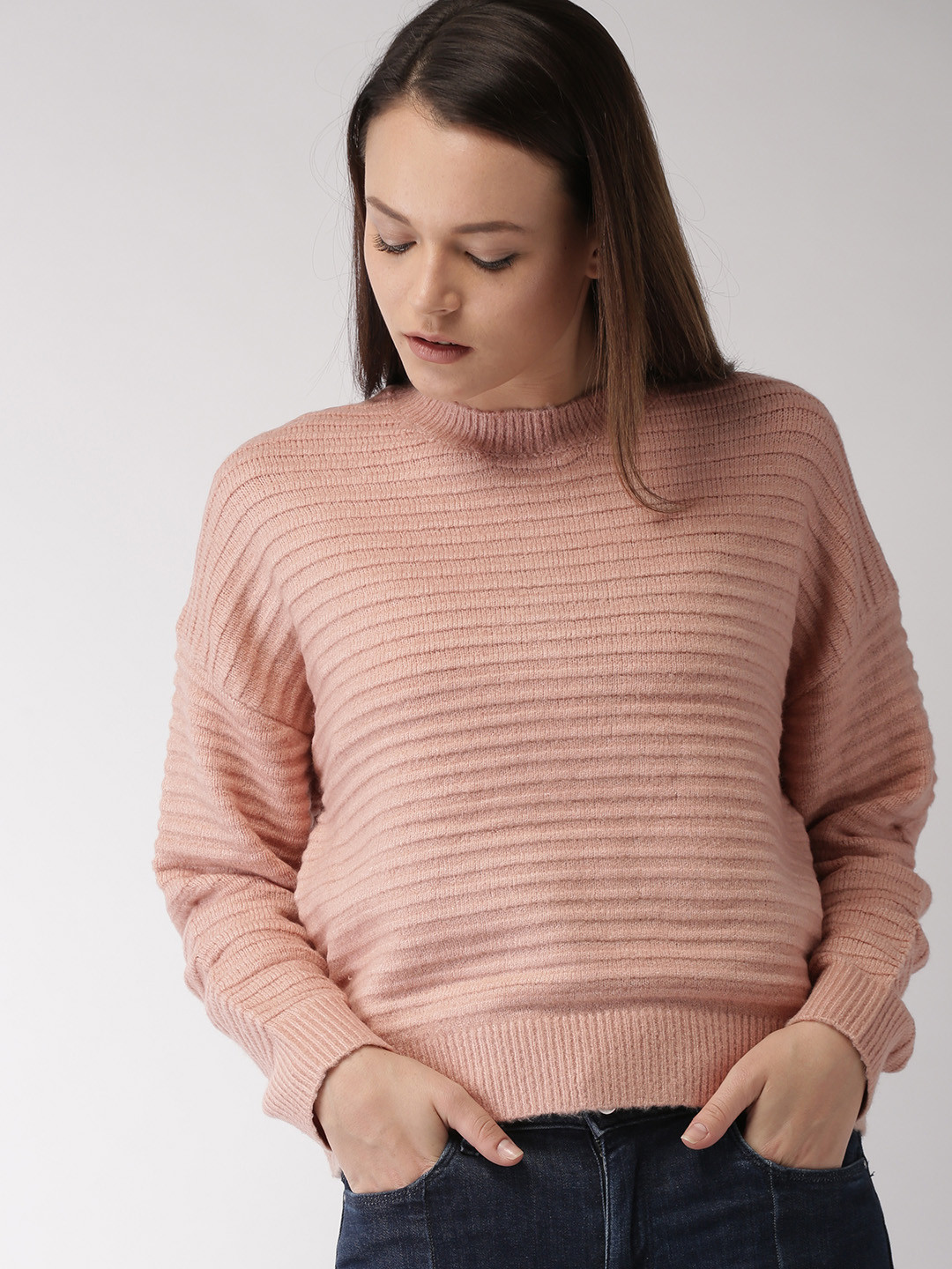 Buy FOREVER 21 Women Peach Coloured Solid Pullover Sweater - Sweaters ...