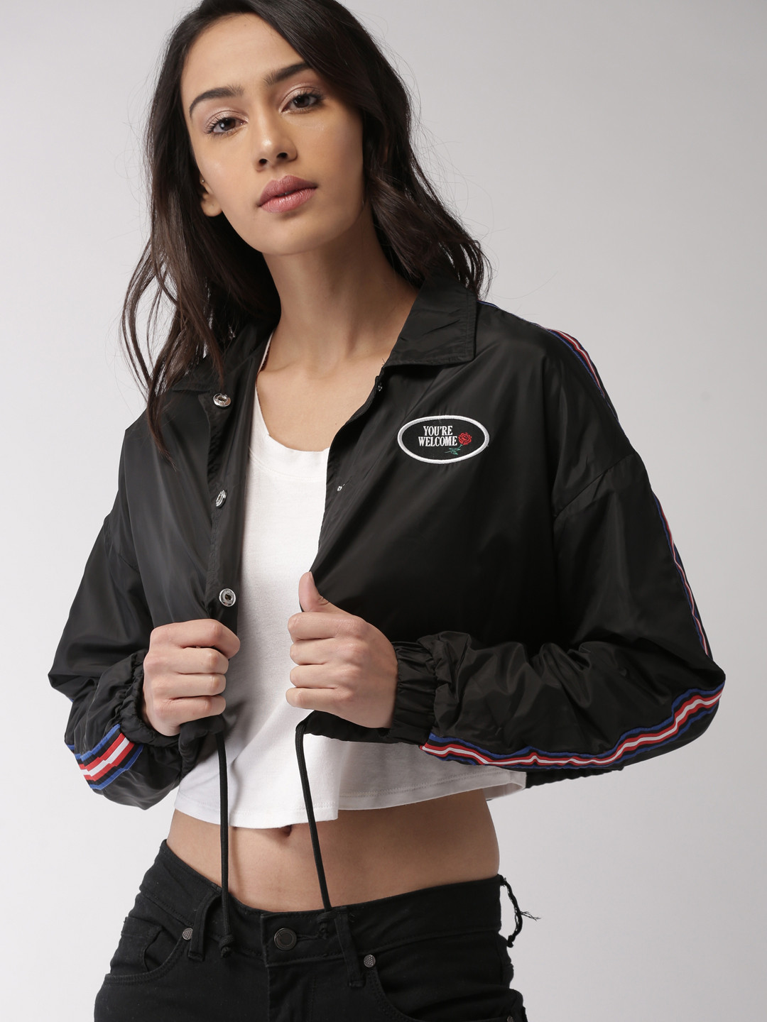 Buy FOREVER 21 Women Black Solid Lightweight Cropped Sporty Jacket ...