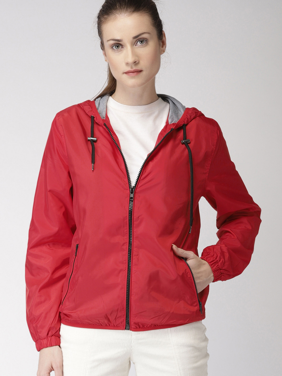Buy FOREVER 21 Women Red Solid Windcheater Sporty Jacket - Jackets for ...