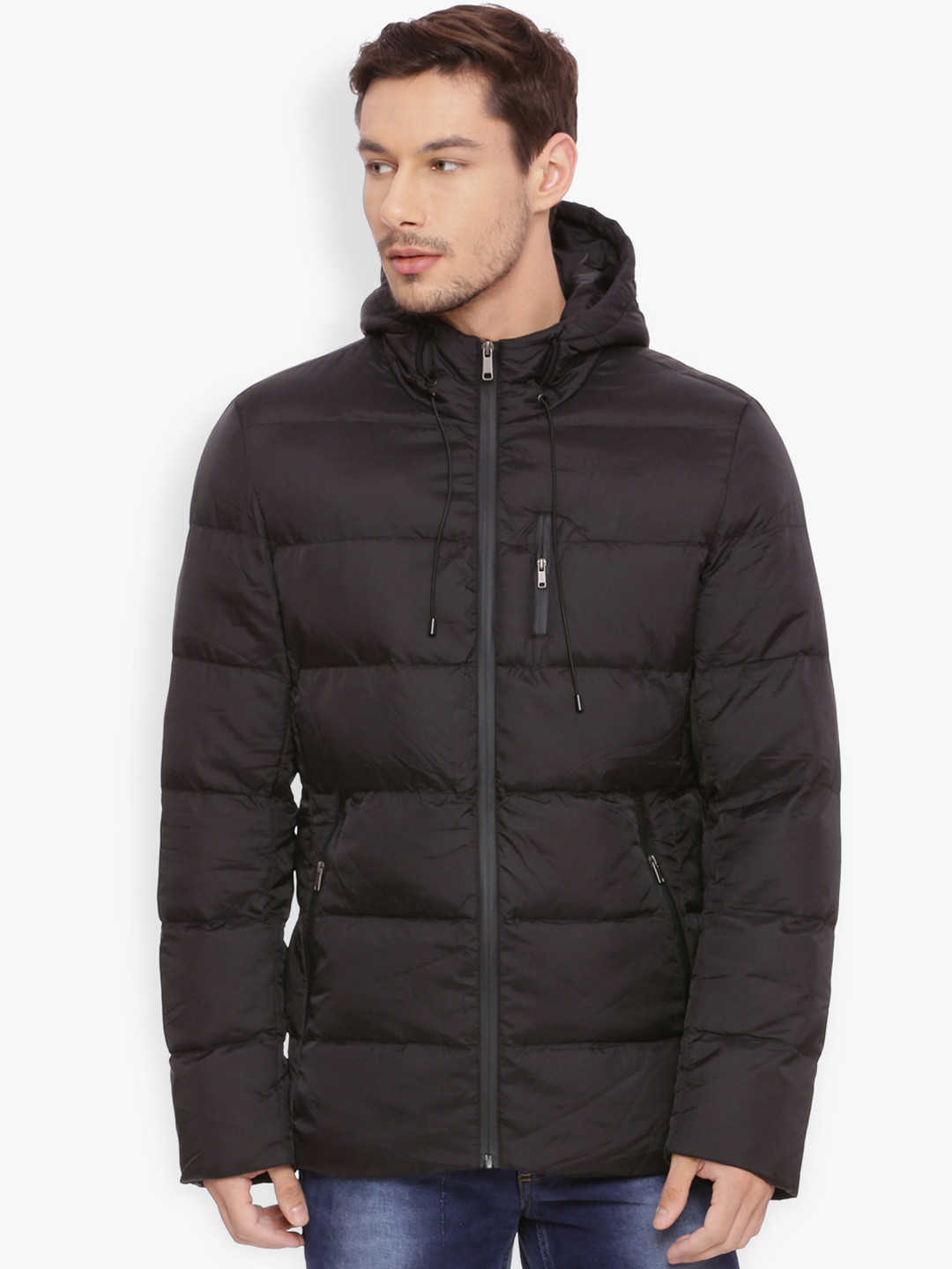 Buy Basics Men Black Solid Hooded Puffer Jacket - Jackets for Men ...