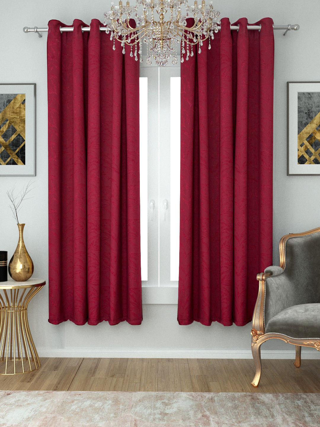 Buy Aura Red Floral Embroidered Room Darkening Single Window Curtain ...