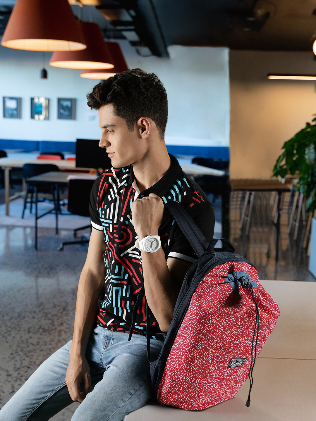 Buy Flying Machine Men Red & Off White Printed Backpack - Backpacks for ...