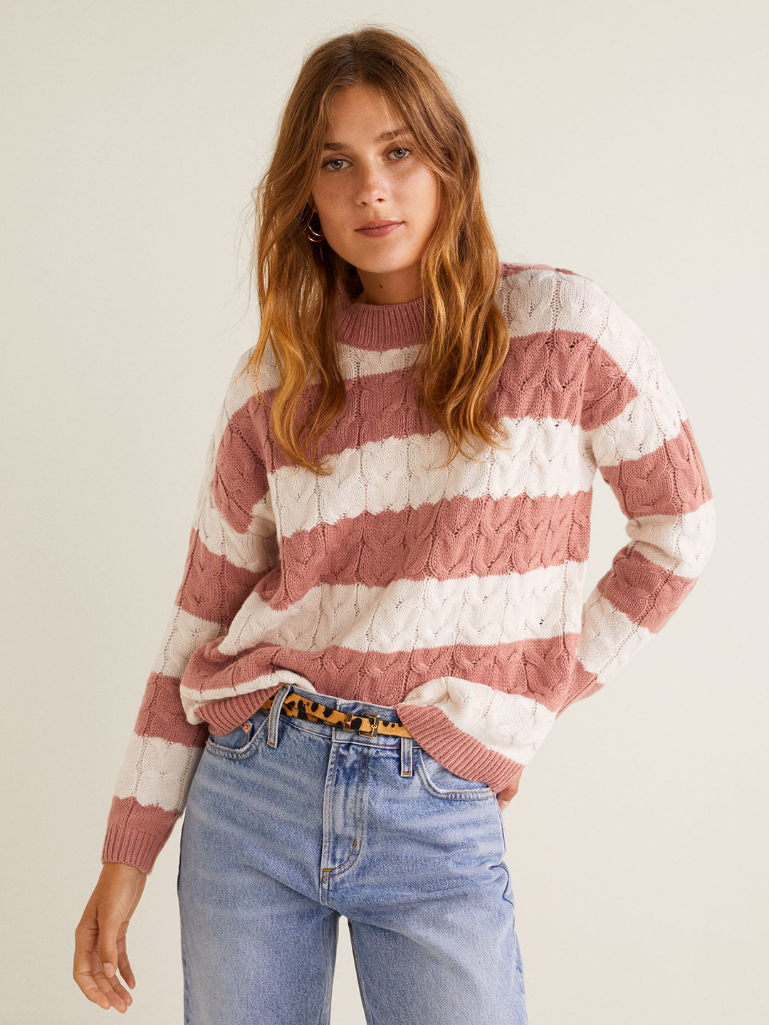 Buy MANGO Women White & Pink Striped Sweater - Sweaters for Women ...