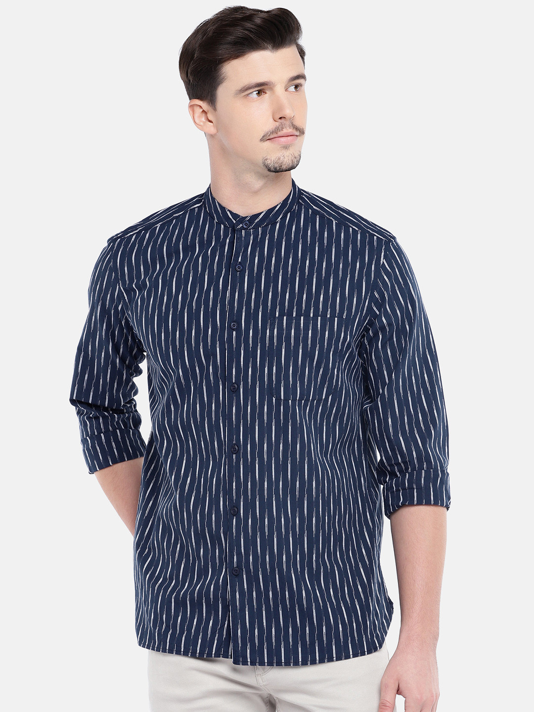 Buy Cottonworld Men Navy Blue & White Regular Fit Striped Casual Shirt ...