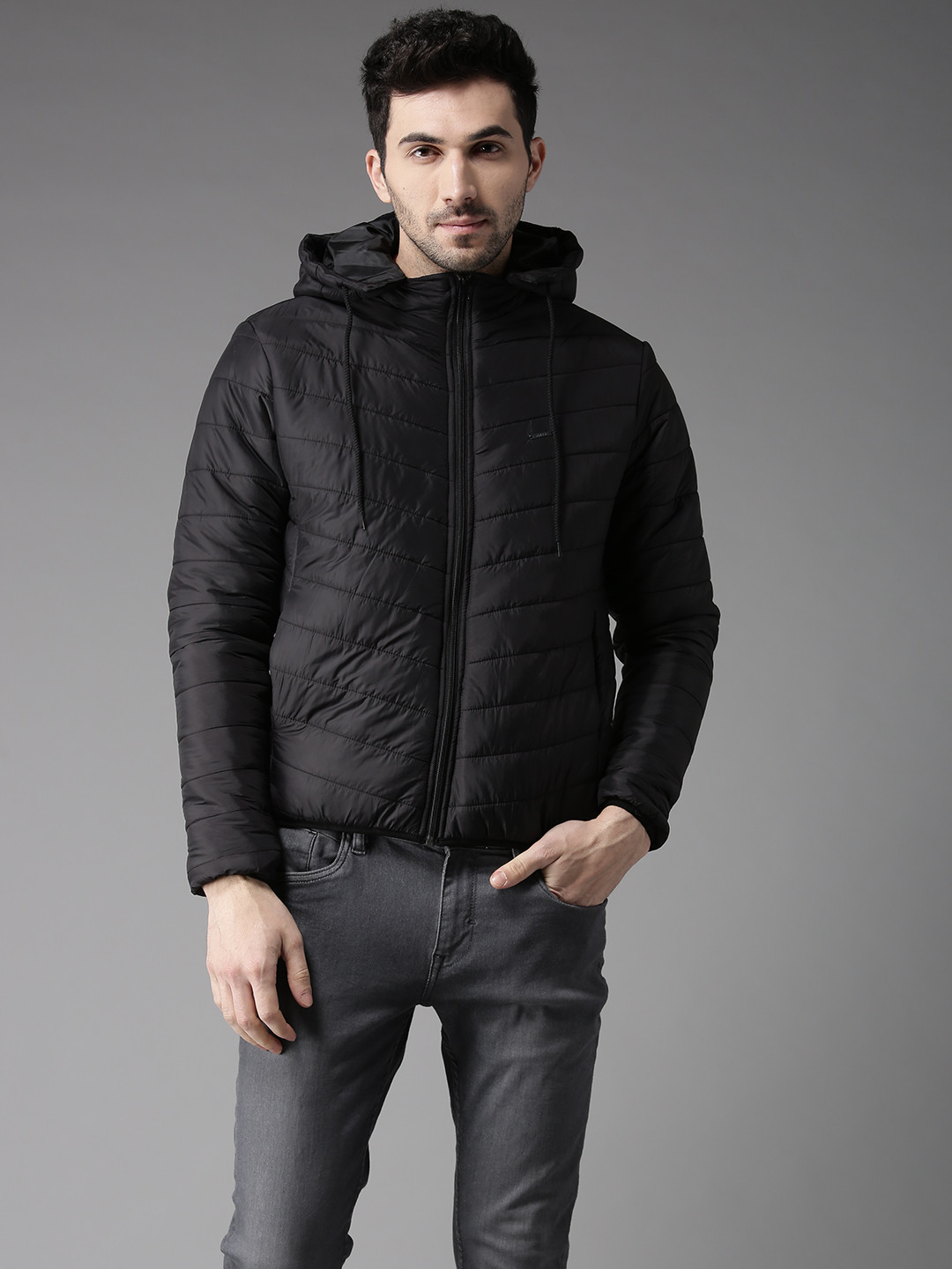 Buy Flying Machine Men Black Solid Padded Jacket With Detachable Hood ...