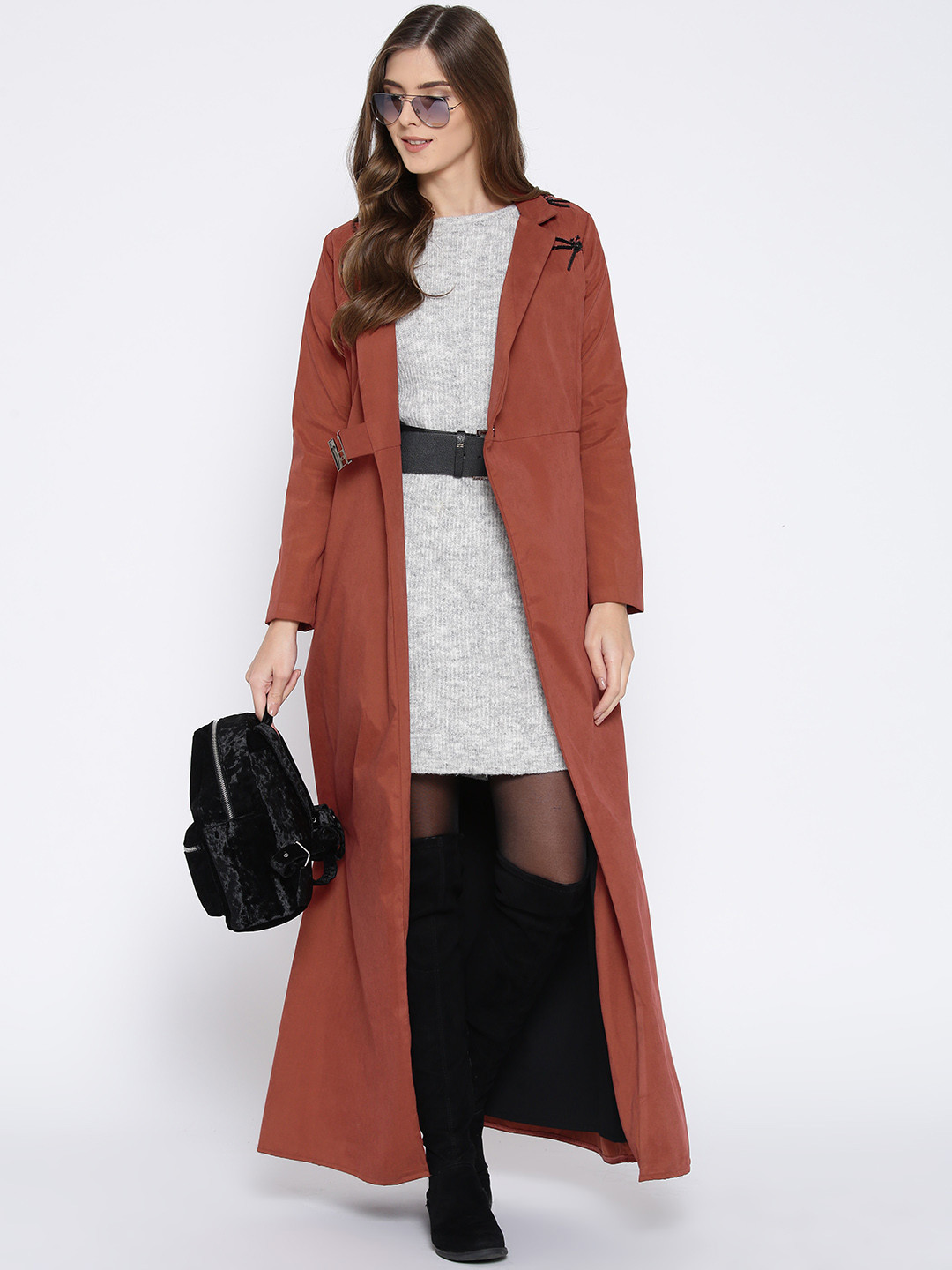 Buy Athena Women Rust Red Suede Finish Longline Wrap Coat - Coats for ...