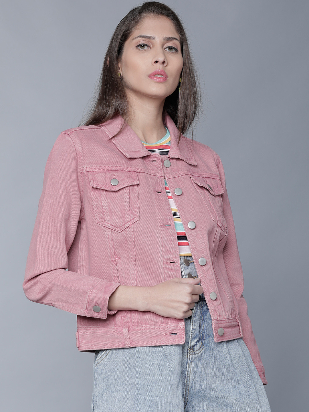 Buy Tokyo Talkies Women Pink Solid Denim Jacket - Jackets for Women ...