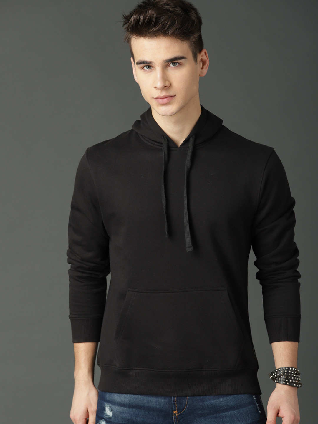 Buy Roadster Men Black Solid Hooded Sweatshirt - Sweatshirts for Men ...