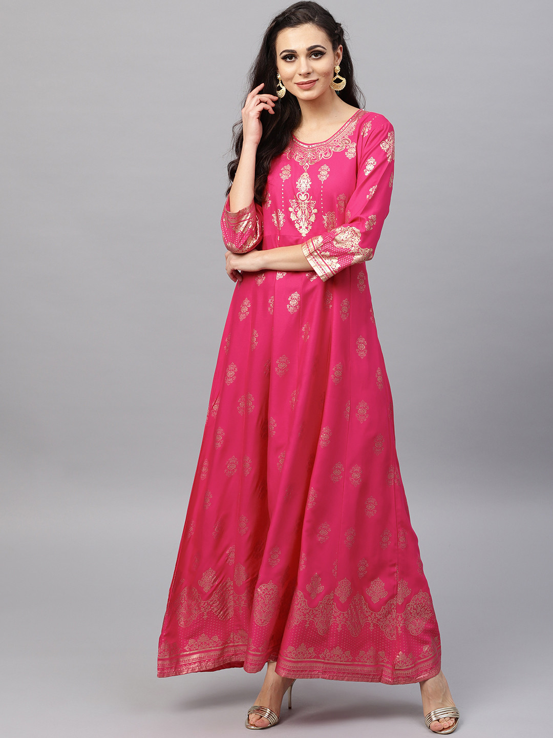 Buy Shree Women Fuchsia & Golden Printed Maxi Dress - Ethnic Dresses ...