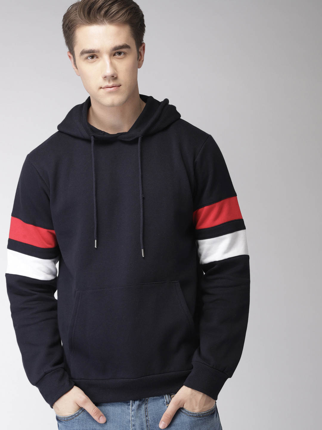 Buy FOREVER 21 Men Navy Blue Solid Hooded Sweatshirt - Sweatshirts for ...