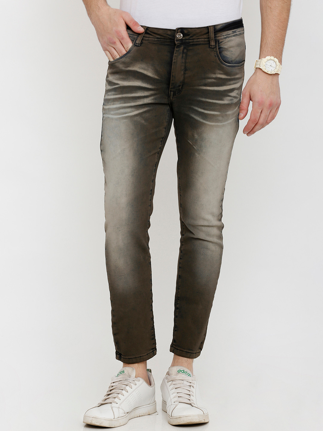 Buy Rex Straut Jeans Men Olive Brown Slim Fit Mid Rise Clean Look ...