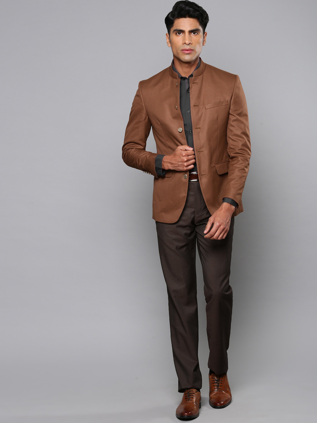 Buy Louis Philippe Men Brown Self Design Slim Fit Ethnic Bandhgala Suit ...