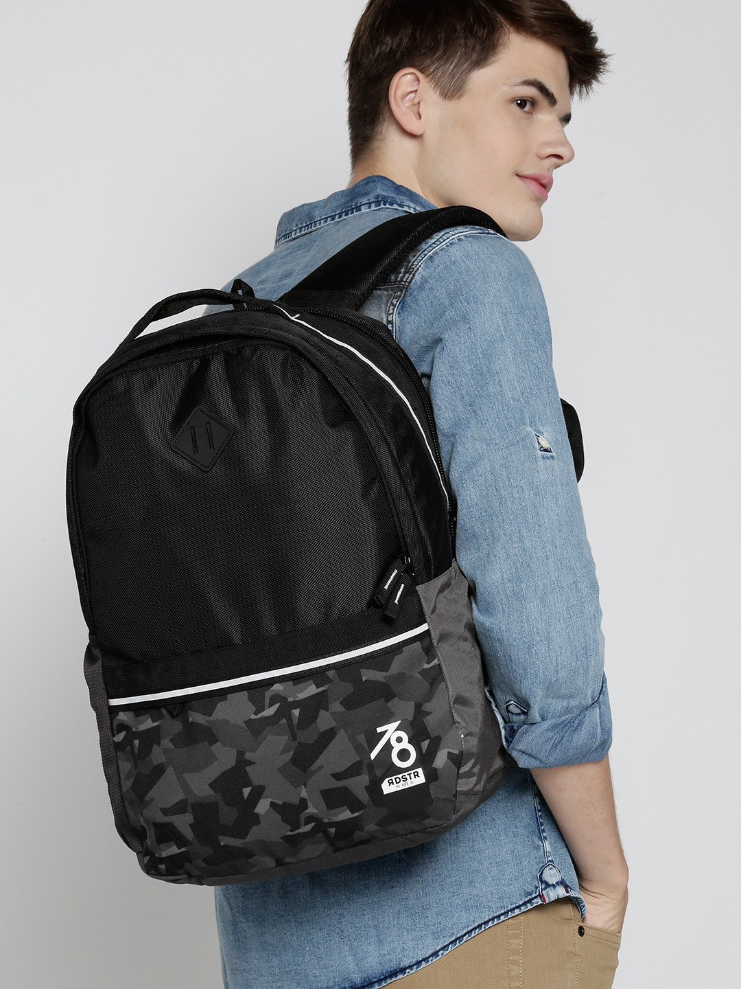 Buy Roadster Unisex Black & Charcoal Grey Geometric Backpack ...