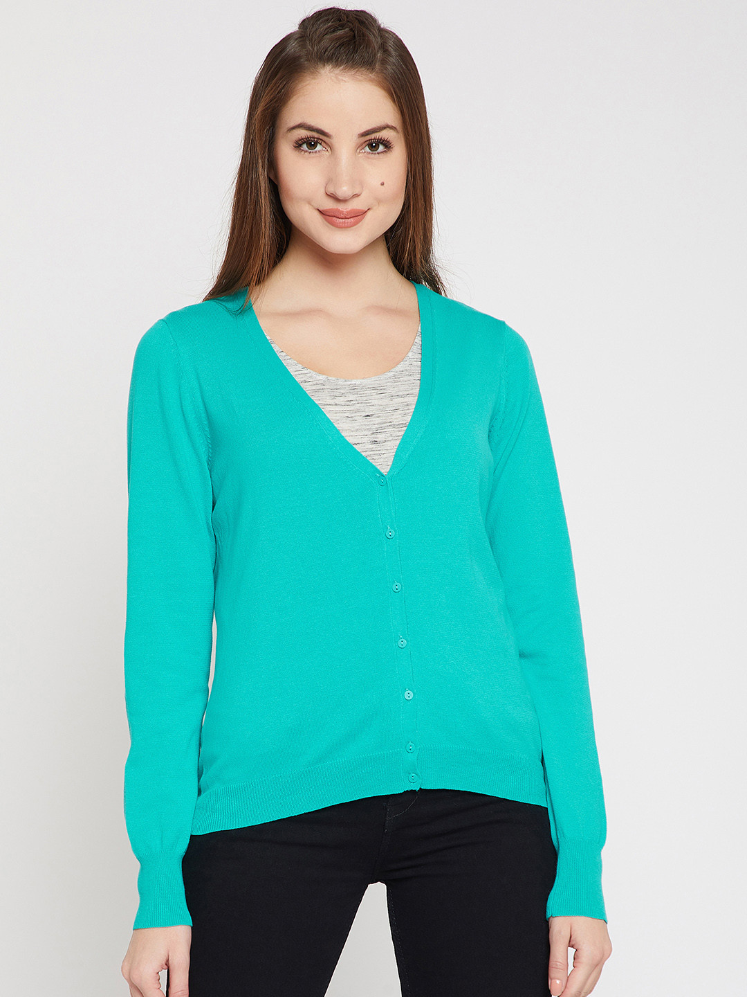 Buy RARE Women Turquoise Blue Solid Front Open - Sweaters for Women ...